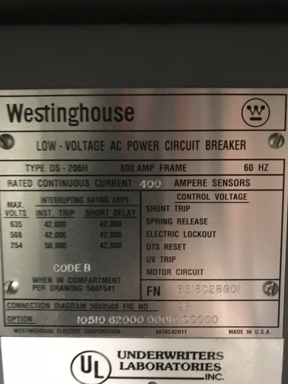 DS-206H Westinghouse 800A MO/DO 400A Cont. Current LIG Air Circuit ...