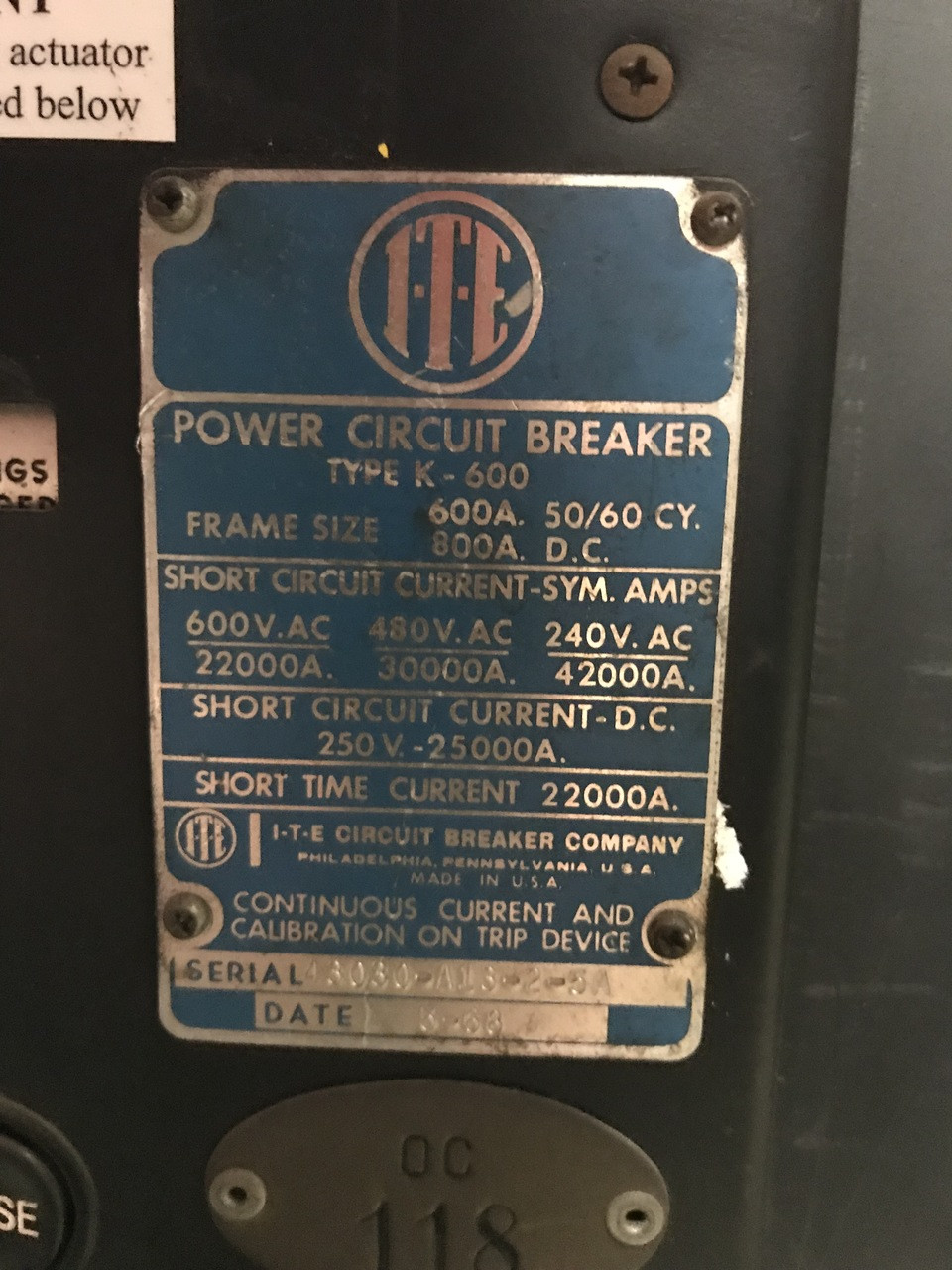 K-600 ITE Red 600A EO/DO LSIG Air Circuit Breaker W/AC-PRO - Bullock ...