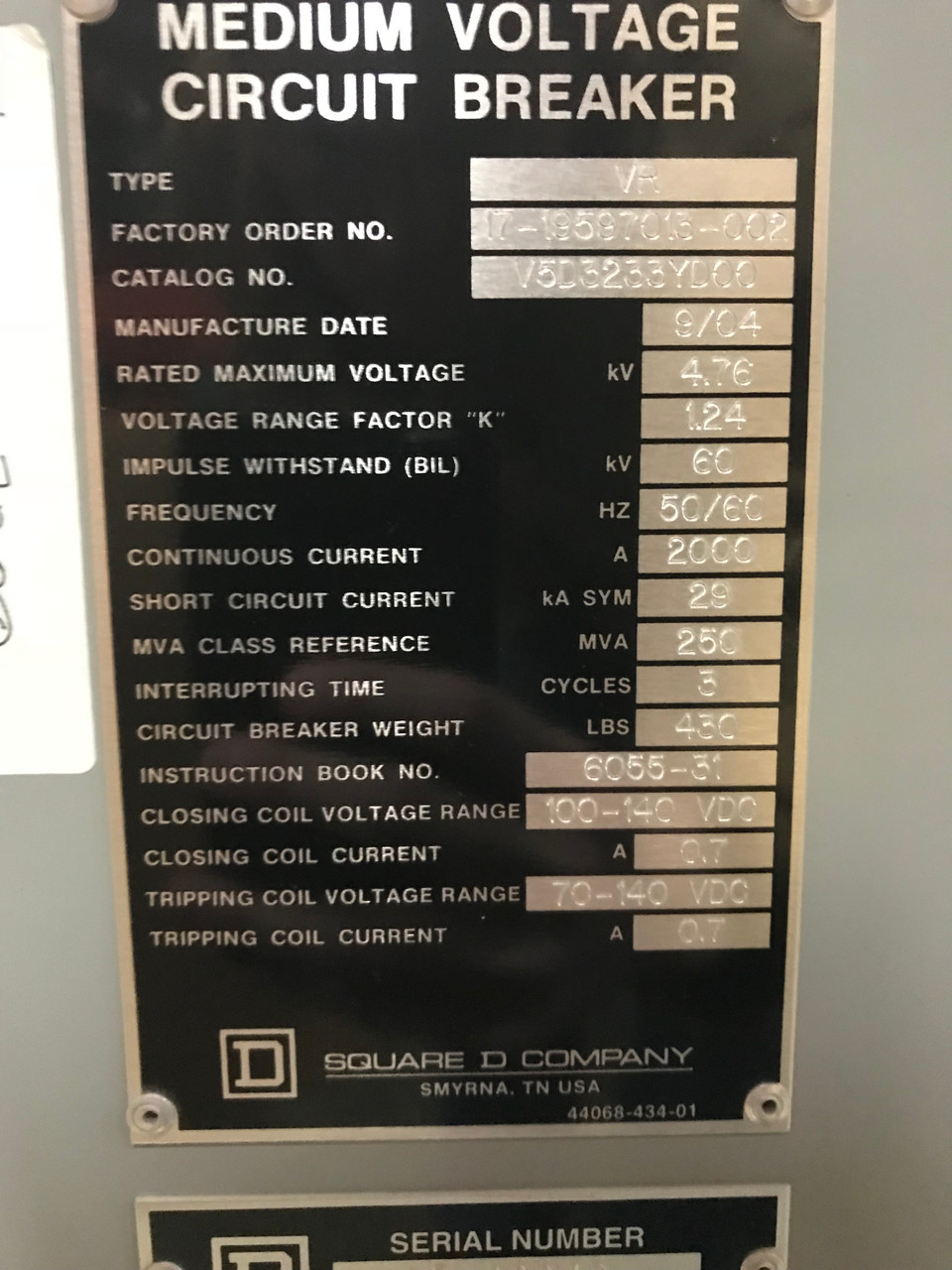 Type VR Square D 2000A 4.76KV Vacuum Circuit Breaker (V5D3233YD00 ...