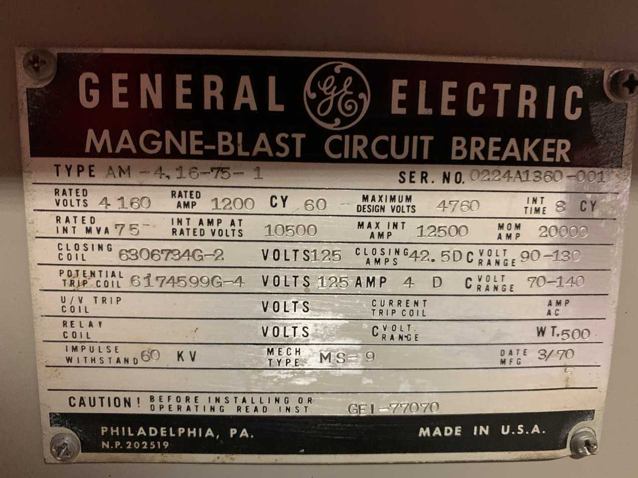 AM-4.16-75-1 GE Magne-Blast 1200A 4.76KV Air Circuit Breaker - Bullock ...