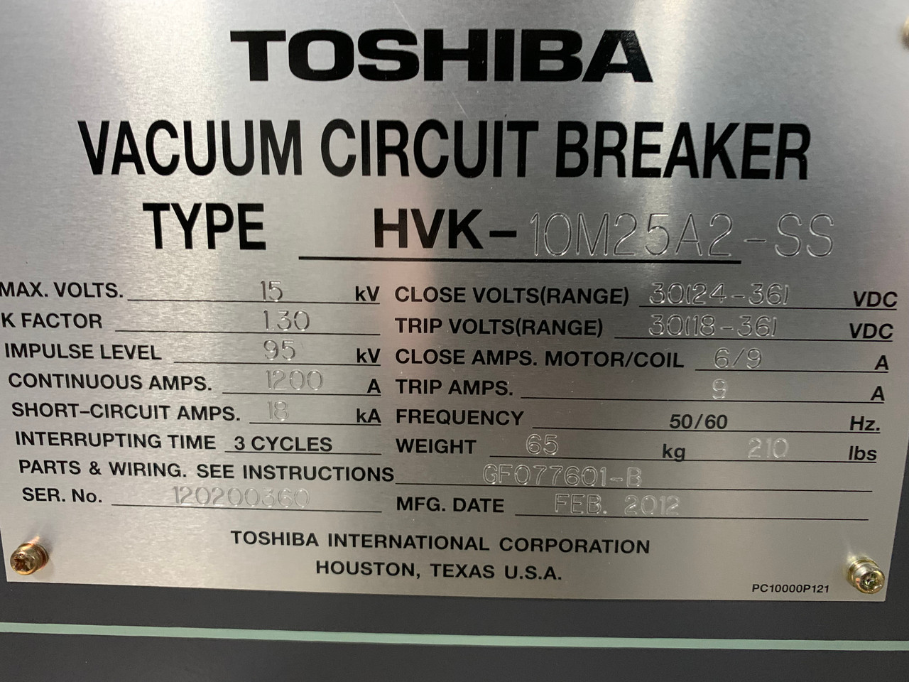 HVK-10M25A2-SS Toshiba 1200A 15KV Vacuum Circuit Breaker (New Surplus ...