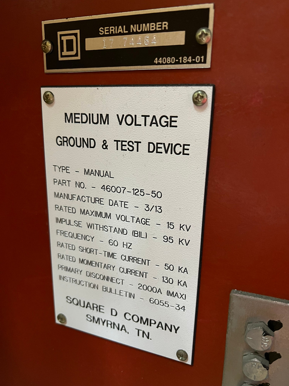Square D Manual Ground & Test Device 5KV/15KV 1200/2000A VAD-5 For Type ...