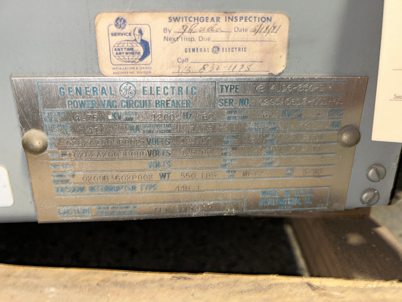 VB-4.16-350-1 GE 1200A 4.76KV Vacuum Circuit Breaker - Bullock Breakers