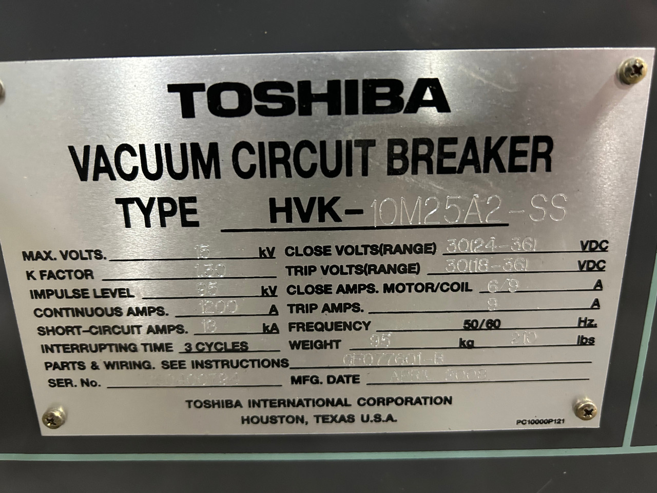 HVK-10M25A2-SS Toshiba 1200A 15KV Vacuum Circuit Breaker - Bullock Breakers