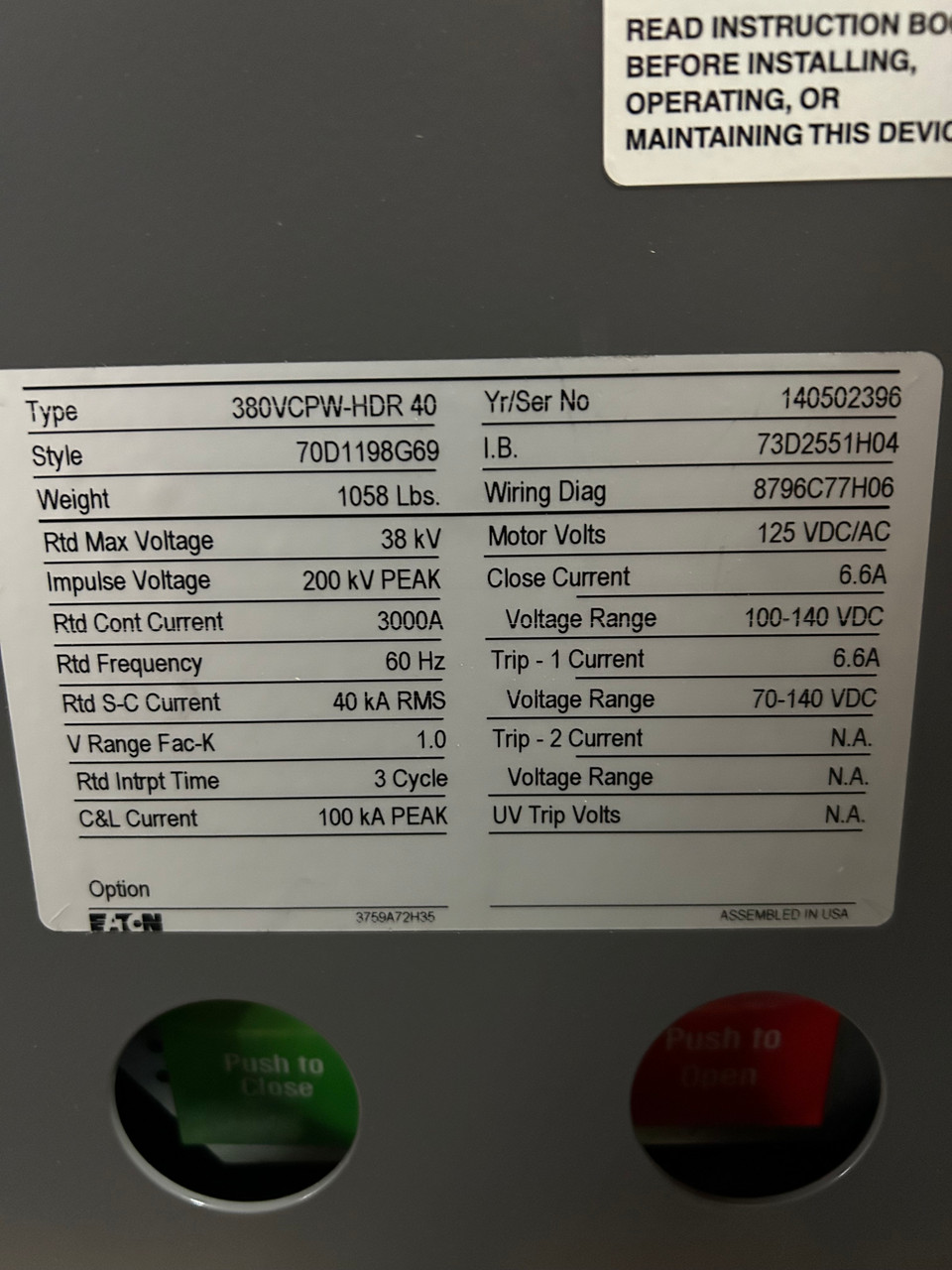 380VCPW-HDR40 Eaton 3000A 38KV Vacuum Circuit Breaker - Bullock Breakers