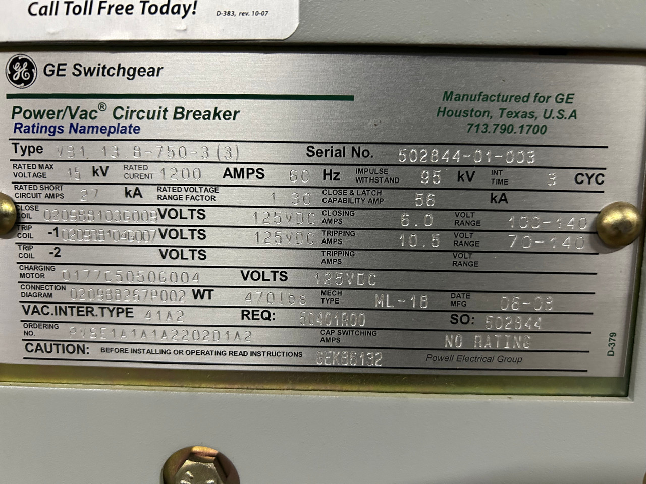 VB1-13.8-750-3 (3) GE 1200A 15KV Vacuum Circuit Breaker - Bullock Breakers