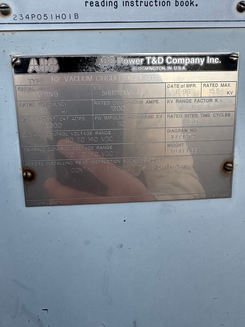 ABB Type R2 15KV 1200A Vacuum Substation Breaker - Bullock Breakers