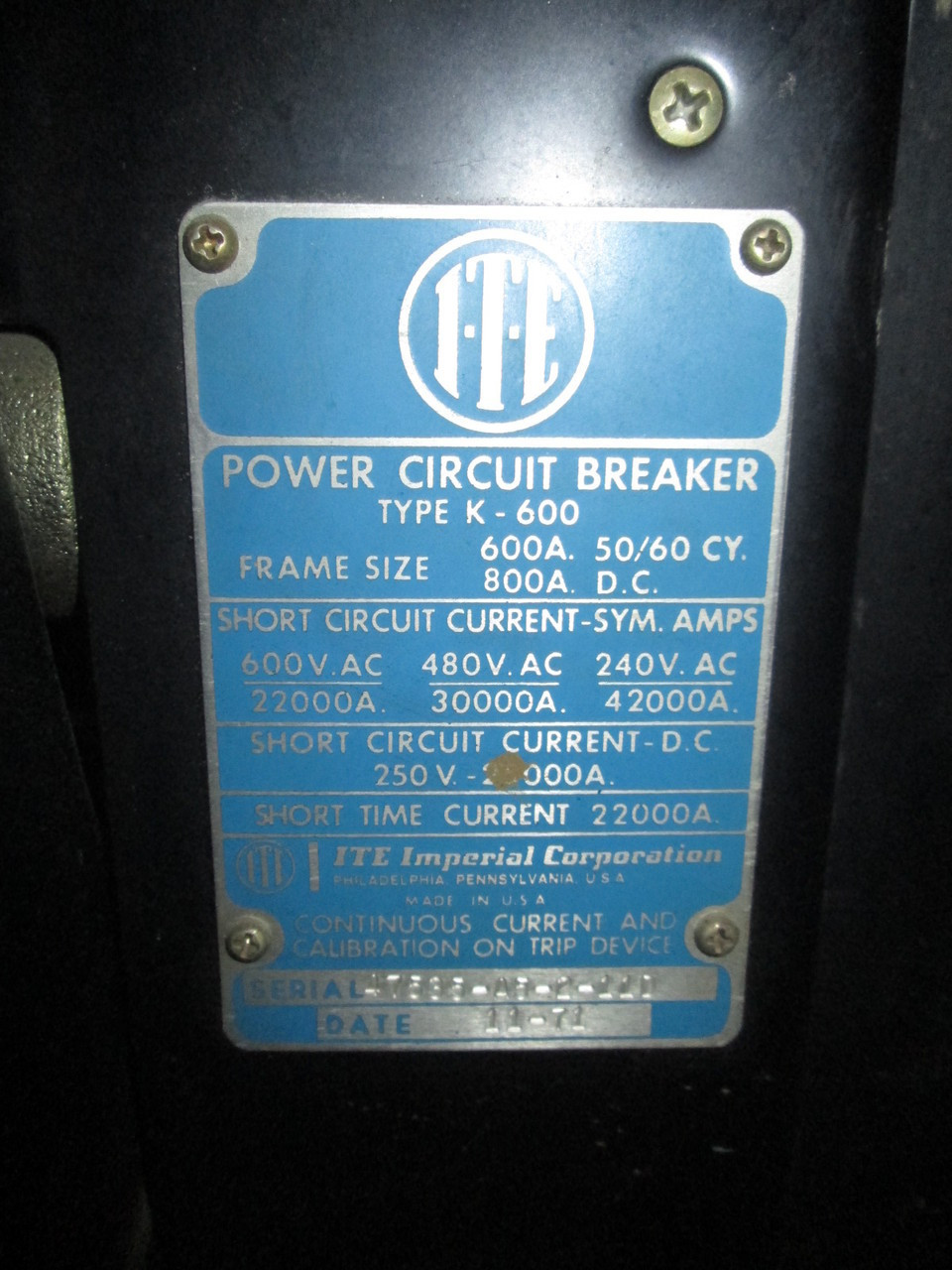 K-600 ITE Red 600A MO/DO LI Air Circuit Breaker (Broken Insulator ...
