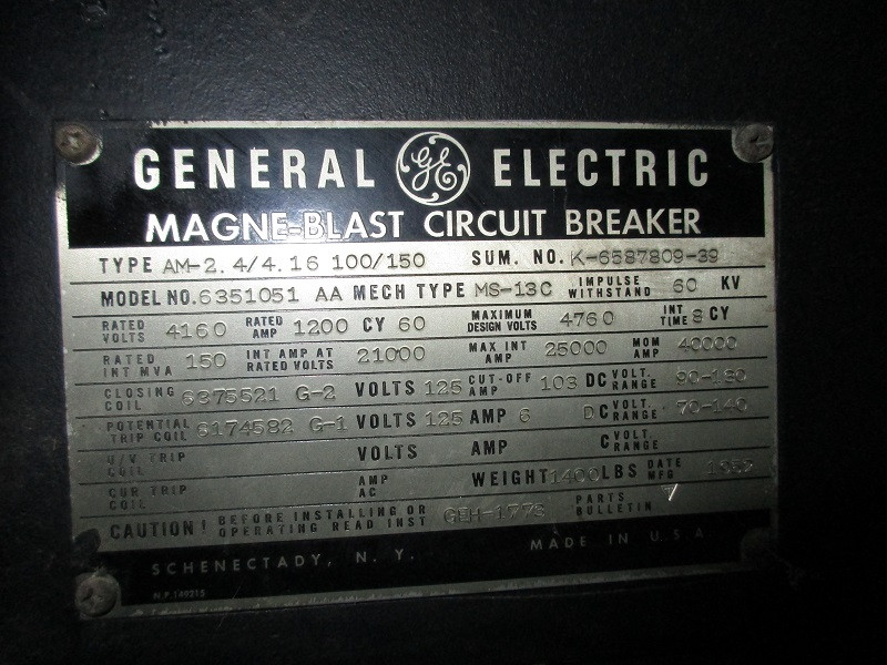 AM-2.4/4.16 100/150 GE Magne-Blast 1200A 4.76KV Air Circuit Breaker ...