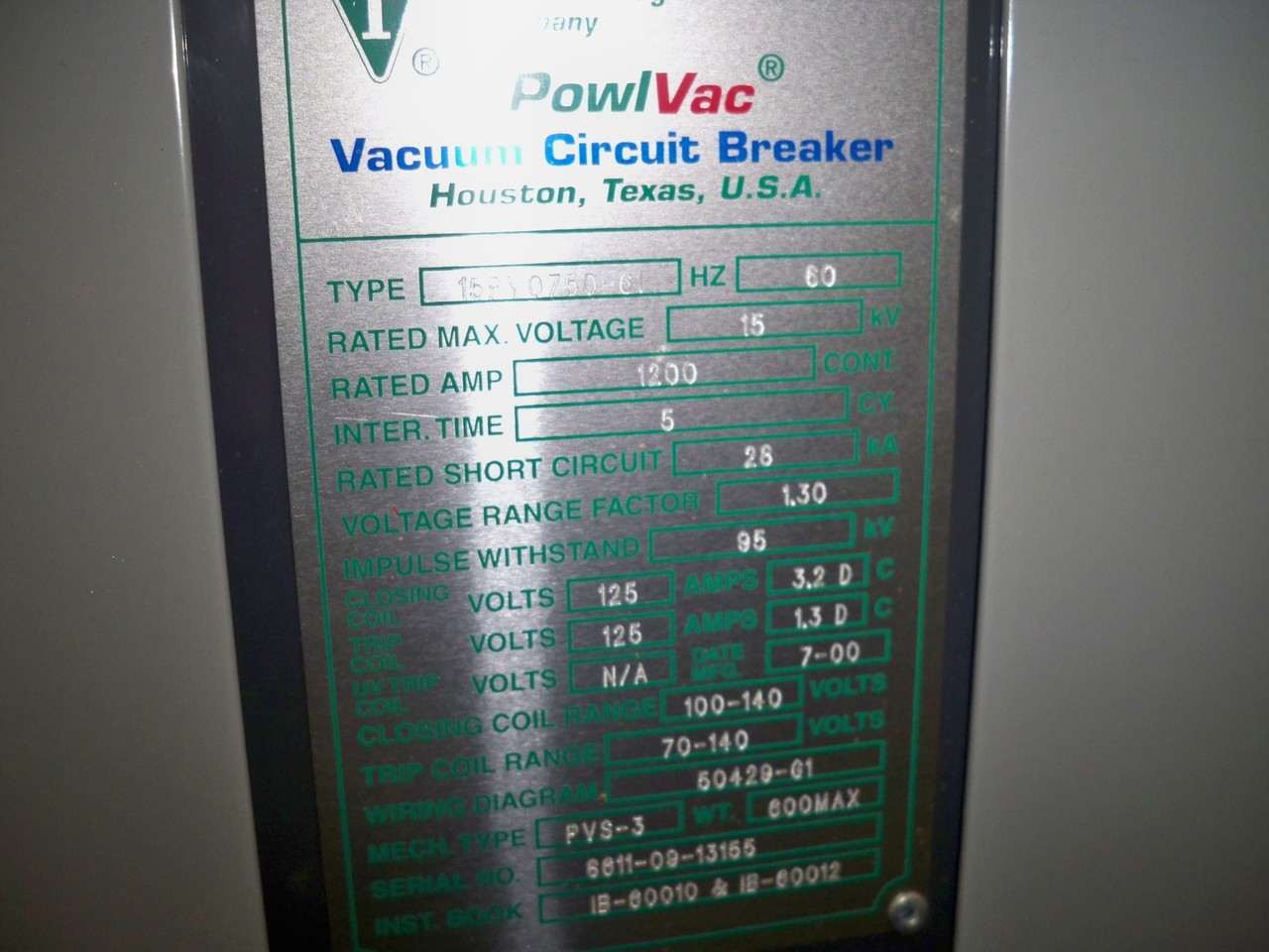 15PV0750-61 Powell 1200A 15KV Vacuum Circuit Breaker - Bullock Breakers