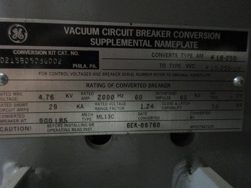VVC-4.16-250-1H GE Magne-Blast 2000A 4.76KV Vacuum Breaker Conversion ...