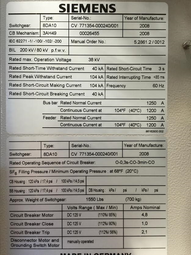 Siemens 8DA10 1250A 38KV SF6 Gas-Insulated Switchgear (#64) - Bullock ...