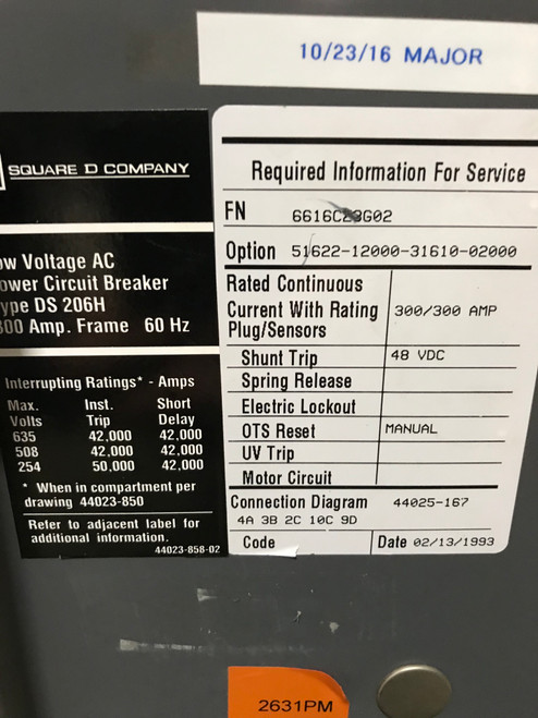DS-206H Square D 800A MO/DO 300A Cont. Current LSIG Air Circuit Breaker ...