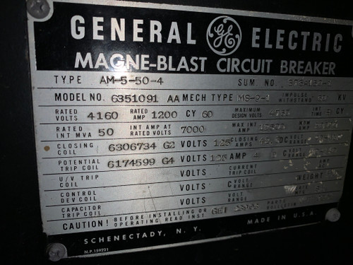 AM-5-50-4 GE Magne-Blast 1200A 4.76KV Air Circuit Breaker - Bullock ...