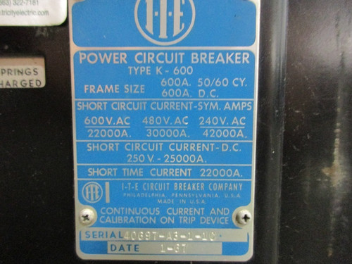 K-600 ITE Red 600A EO/DO Air Circuit Breaker (No Trip Unit) - Bullock ...