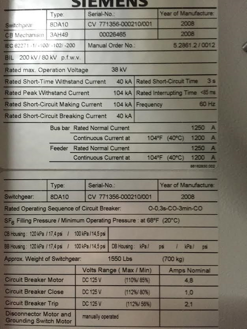 Siemens 8DA10 1250A 38KV SF6 Gas-Insulated Switchgear W/Tie Riser (#67 ...
