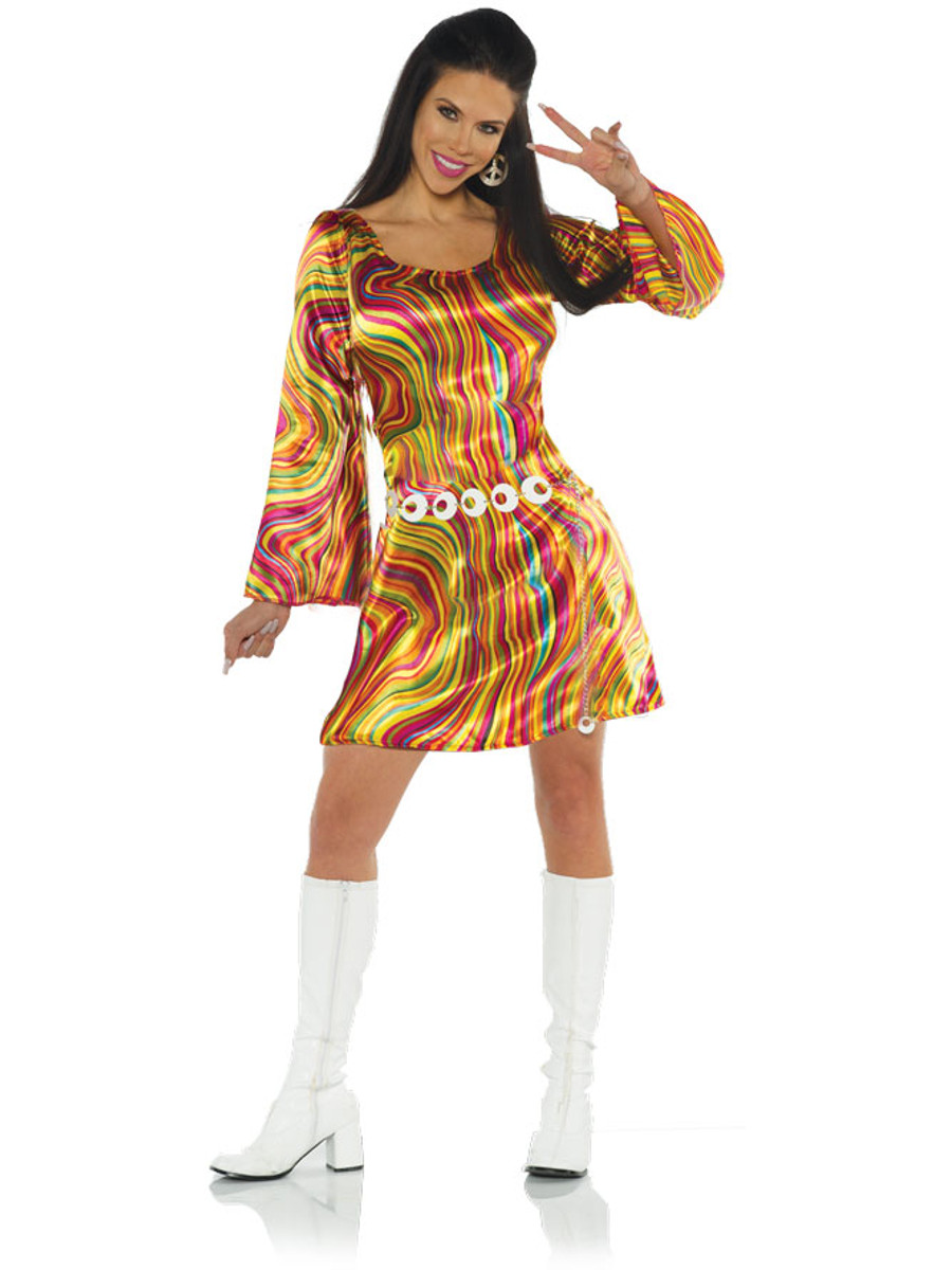 70s Disco Rainbow Swirls Mini Dress Womens Costume