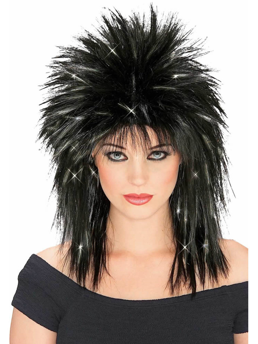 Black Spiked Super Star Costume Wig With Silver Tinsel