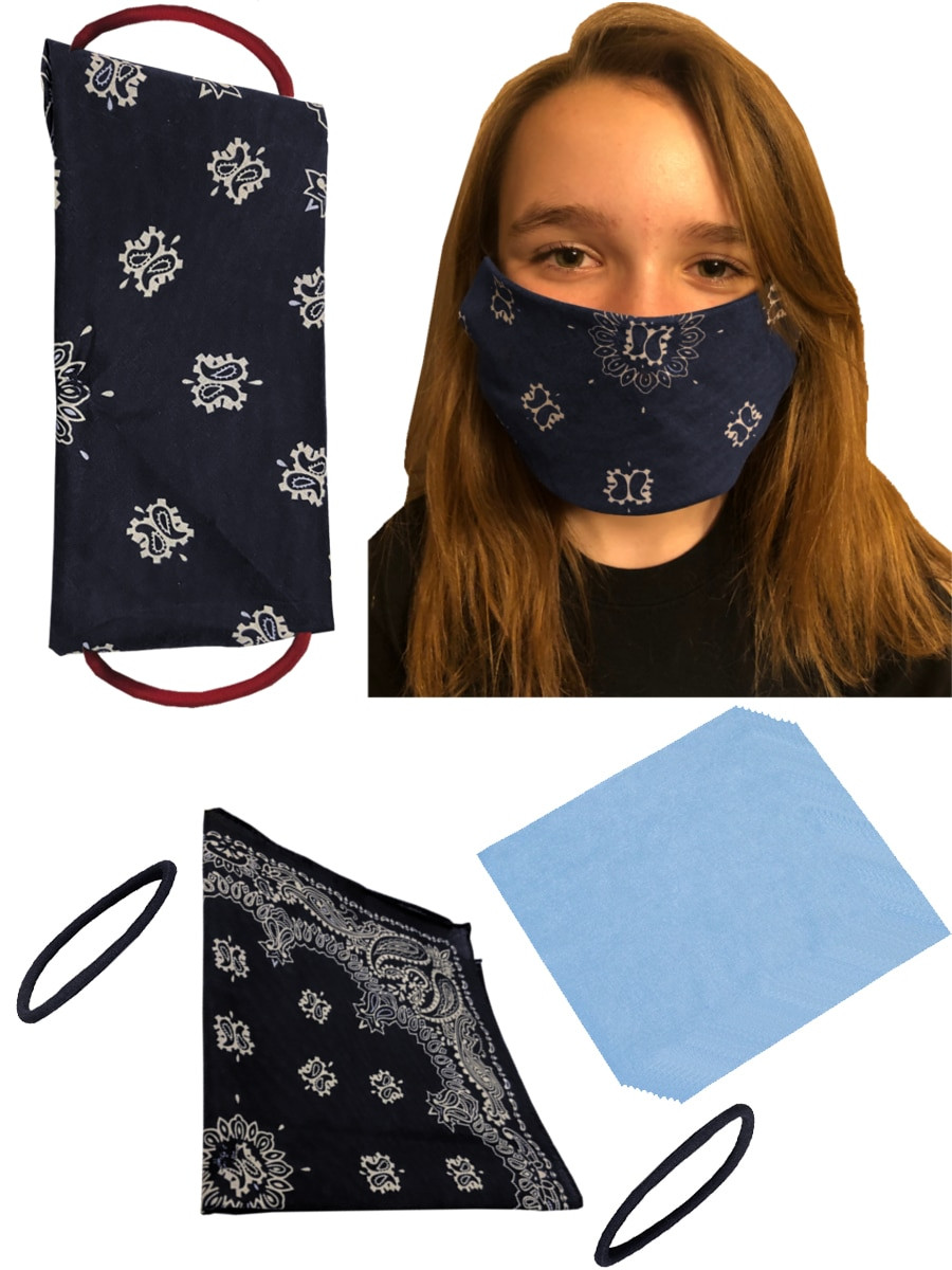 Set of 4 Navy Blue Bandana Face Mask DIY Kits With 24 Filters
