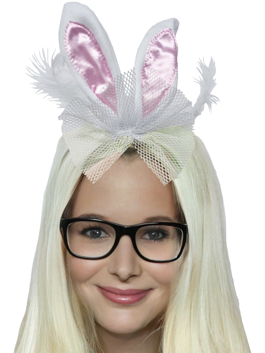 Womens Bunny Ears Feather And Lace Headband Costume Accessory