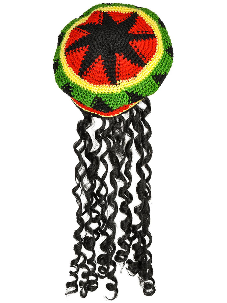 Rasta Costume Tam Hat with Curly Black Dreads Wig