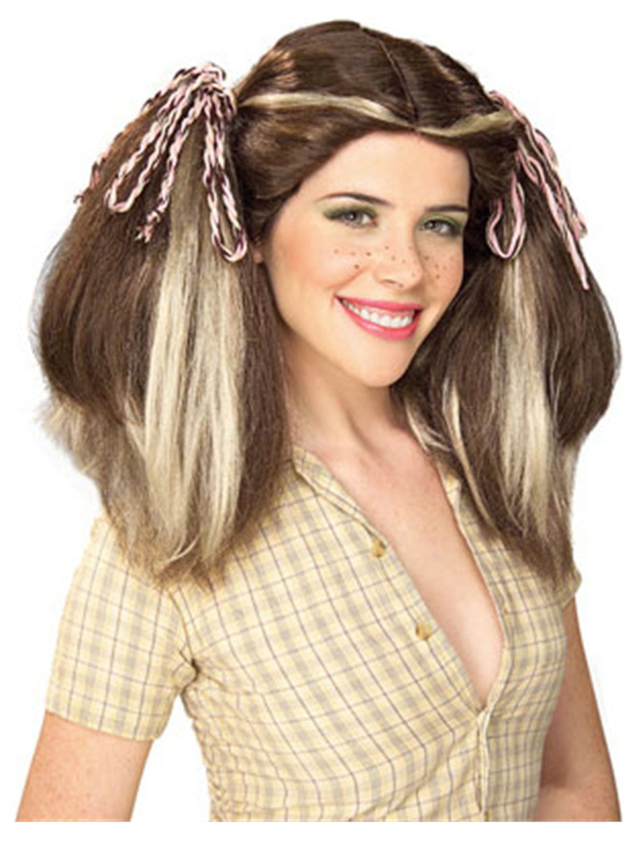 Brown Country Farm Girl Wig With Blonde Streaks and Pigtails