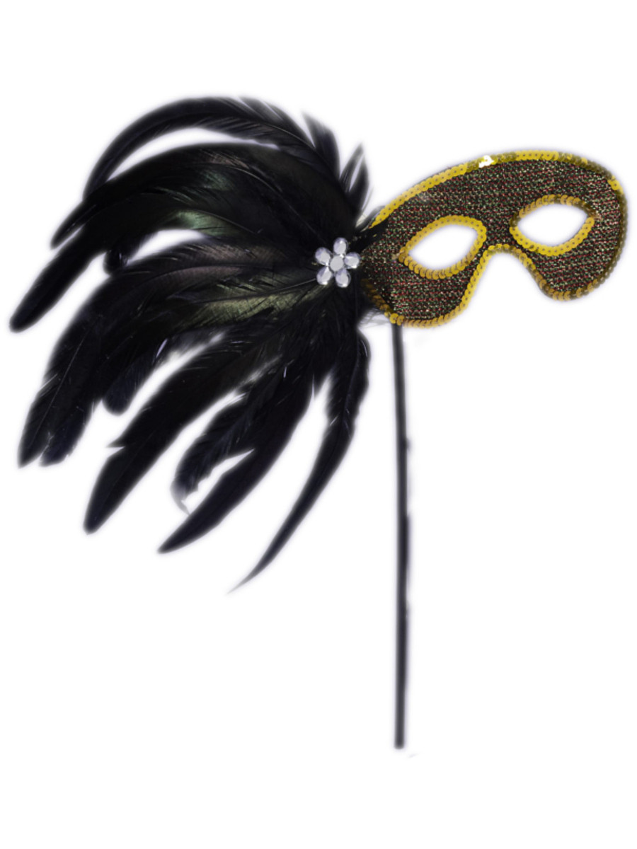 Venetian Mask with Stick and Black Feather Plume