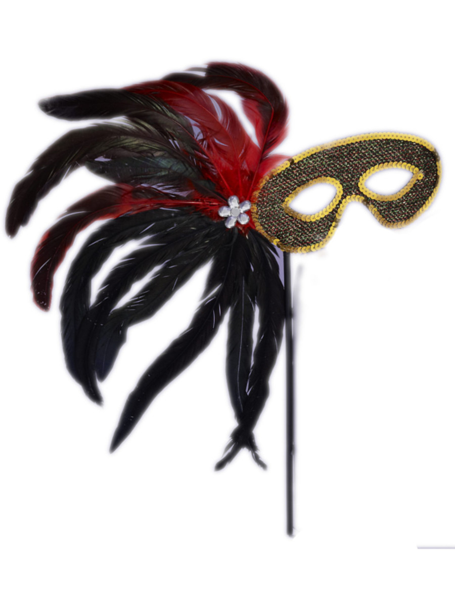 Venetian Mask with Stick and Black and Red Feather Plume