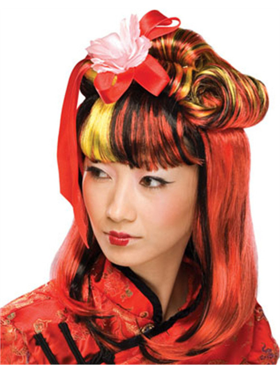 Adult Black Red and Yellow Dragon Lady Geisha Girl Samurai Oriental Wig