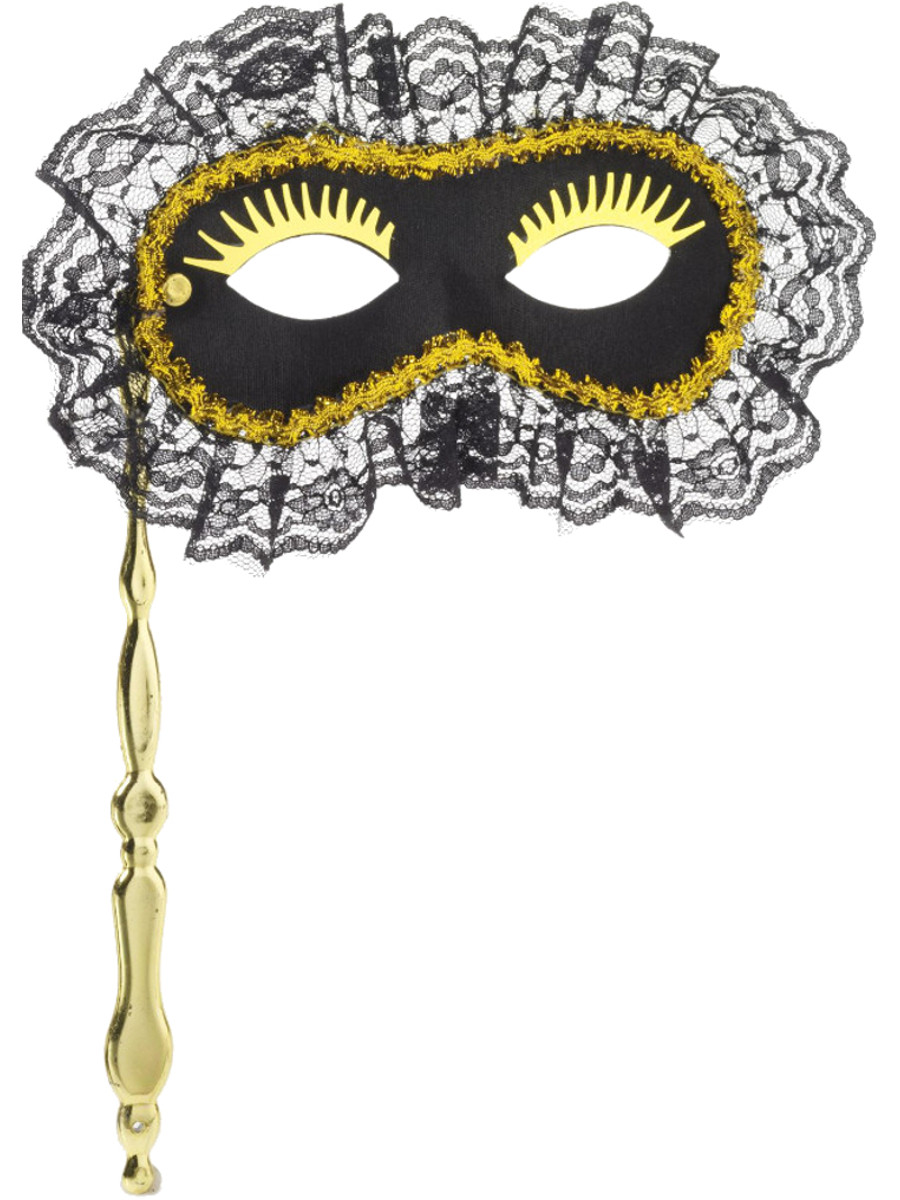 Black and Gold Lace Trimmed Mask with Stick Handle