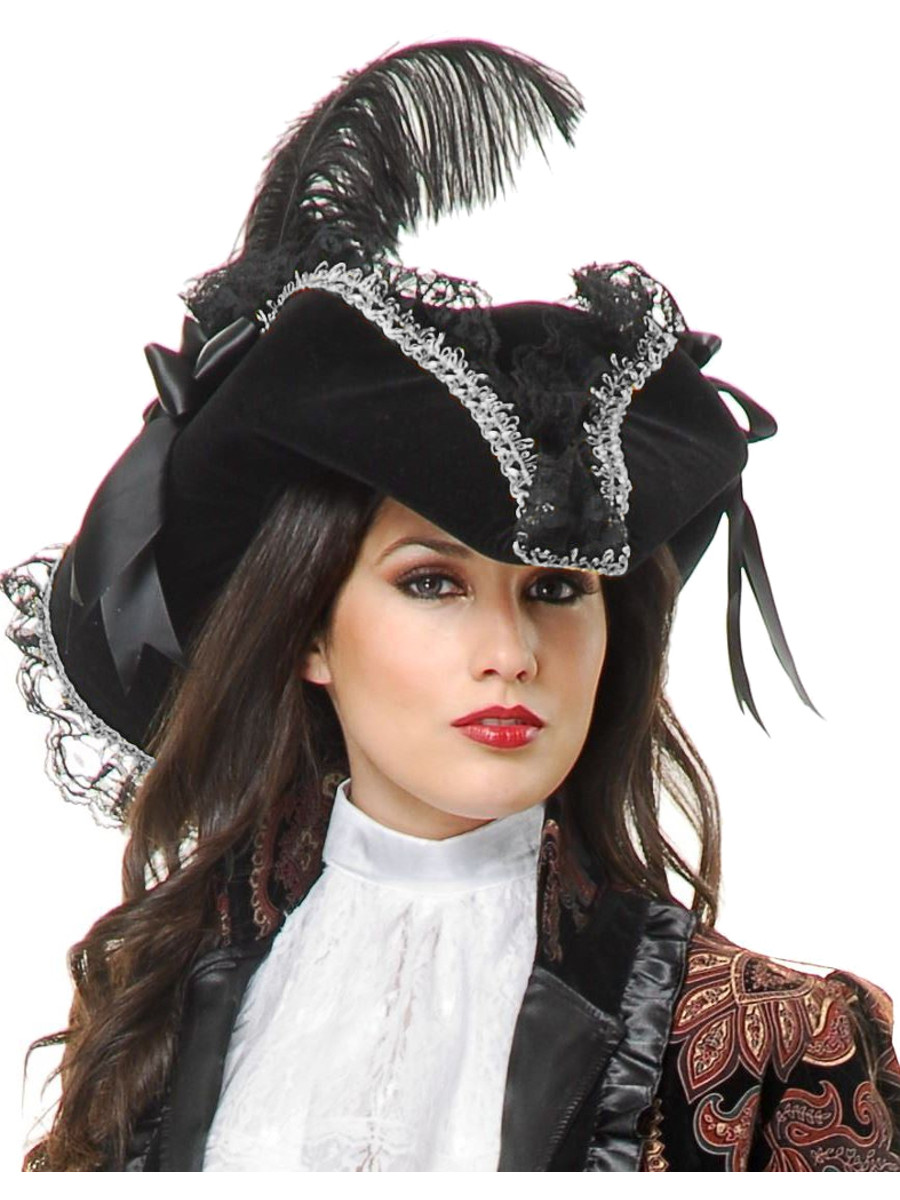Deluxe Black and Silver Tricorn Pirate Hat With Feather