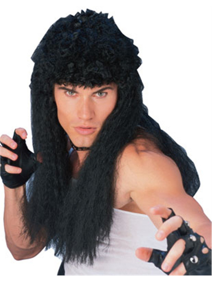 Adult Mens Long Black Curly Wavy Rambo Mullet Wig