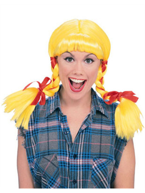 Brown Country Farm Girl Wig With Blonde Streaks and Pigtails