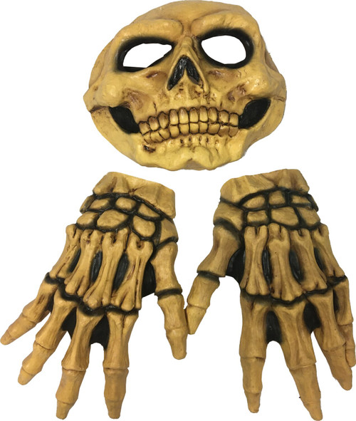 Adult's Yellow Skeleton Skull 1/2 Mask And Hands Set
