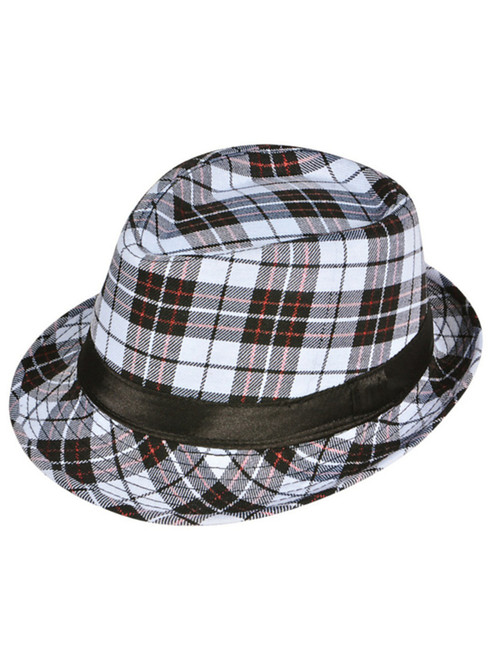 Adult's White Black and Red Plaid Fedora