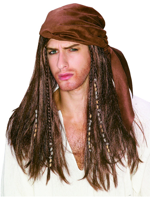 Mens Womens Brown Suede Pirate Do Rag Costume Wig