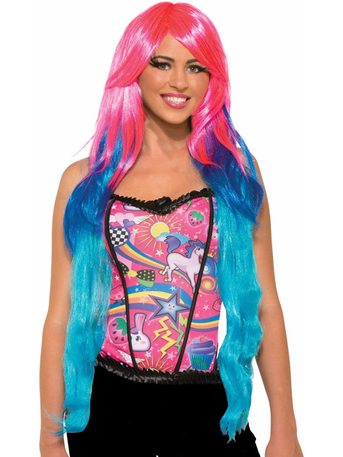 Long Pink to Blue Fade Wig