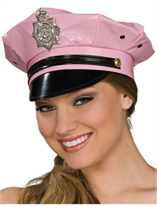 Deluxe Adult Sexy Pink Vinyl Police Hat with Badge