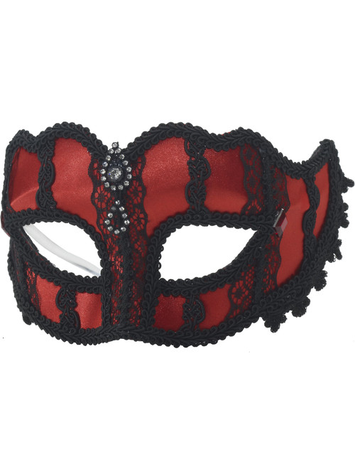 Red and Black Lace Venetian Rhinestone Mask