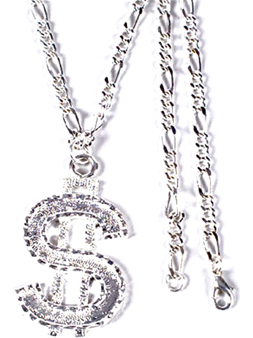 Silver Pimp Costume Gangsta Gangster Dollar Sign $ Necklace