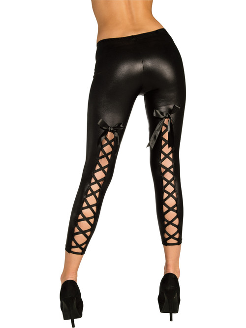 Womens Sexy Black Lace Up Wet Look Leggings