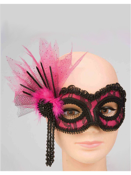 Deluxe Neon Pink And Black Lace Venetian Feathered Mask