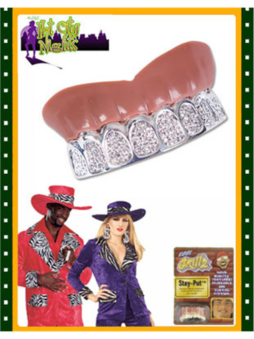Pimp Rapper Diamond Silver Grillz Teeth Set