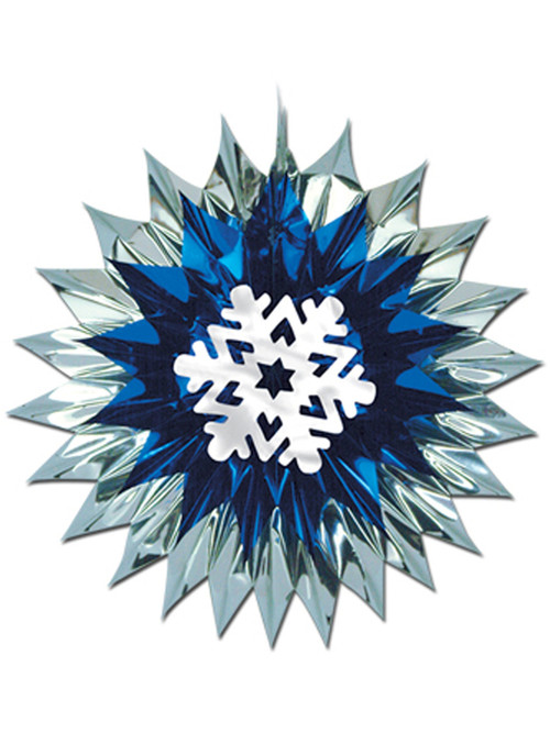 15" Blue Silver Metallic Snowflake Fan-Burst