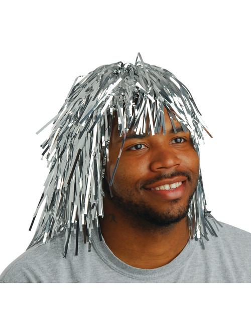 Adult's Shiny Silver Foil Tinsel Wig