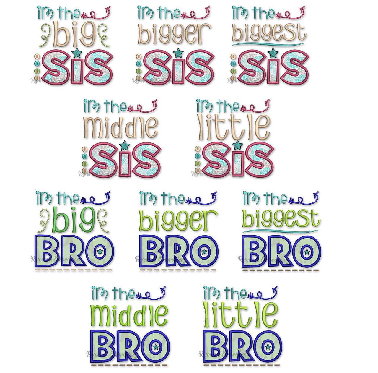 Set of 10 Sibling Designs Big Bigger Biggest Middle & Little Brother ...