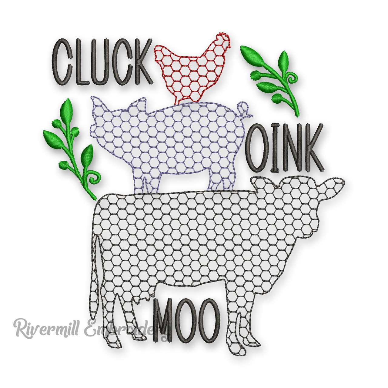 Cluck Oink Moo Machine Embroidery Design Cow Pig Chicken - Rivermill ...