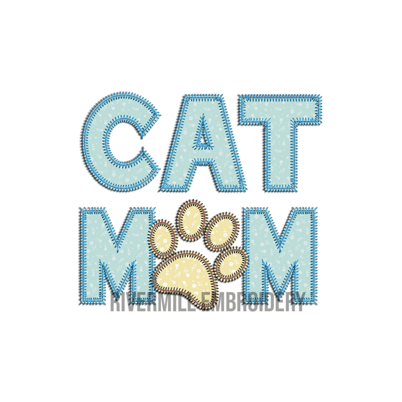 Zig Zag Applique Cat Mom Machine Embroidery Design - Rivermill Embroidery