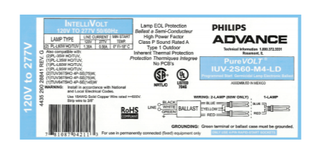 IUV-2S60-M4-LD Advance UV Germicidal Ballast | PL-L60WHO/TUV (60W)