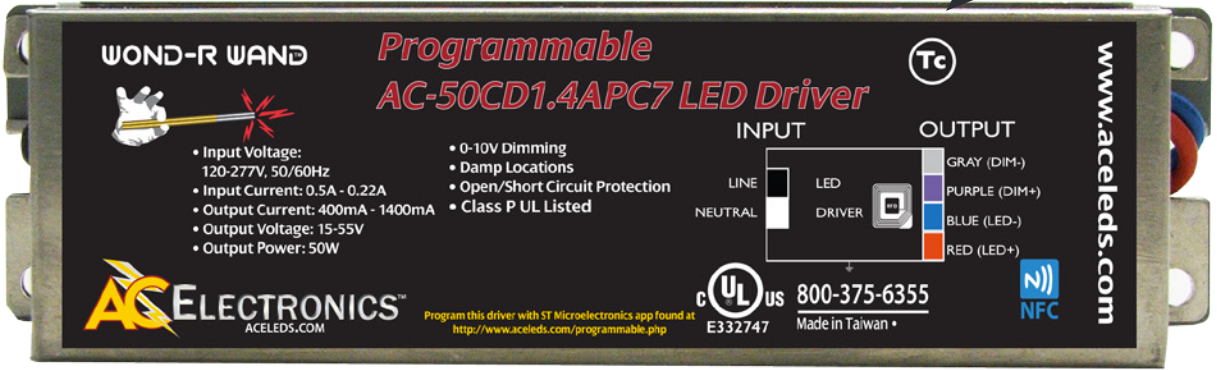 AC-50CD1.4APC7 ACE LEDS Programmable Constant Current LED Driver | 50W 1400mA Dimmable